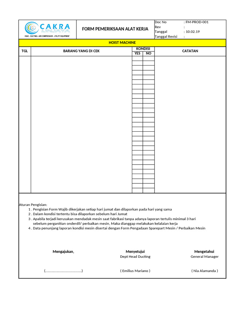 FM-PROD-001 Form Pemeriksaan Alat Kerja | PDF