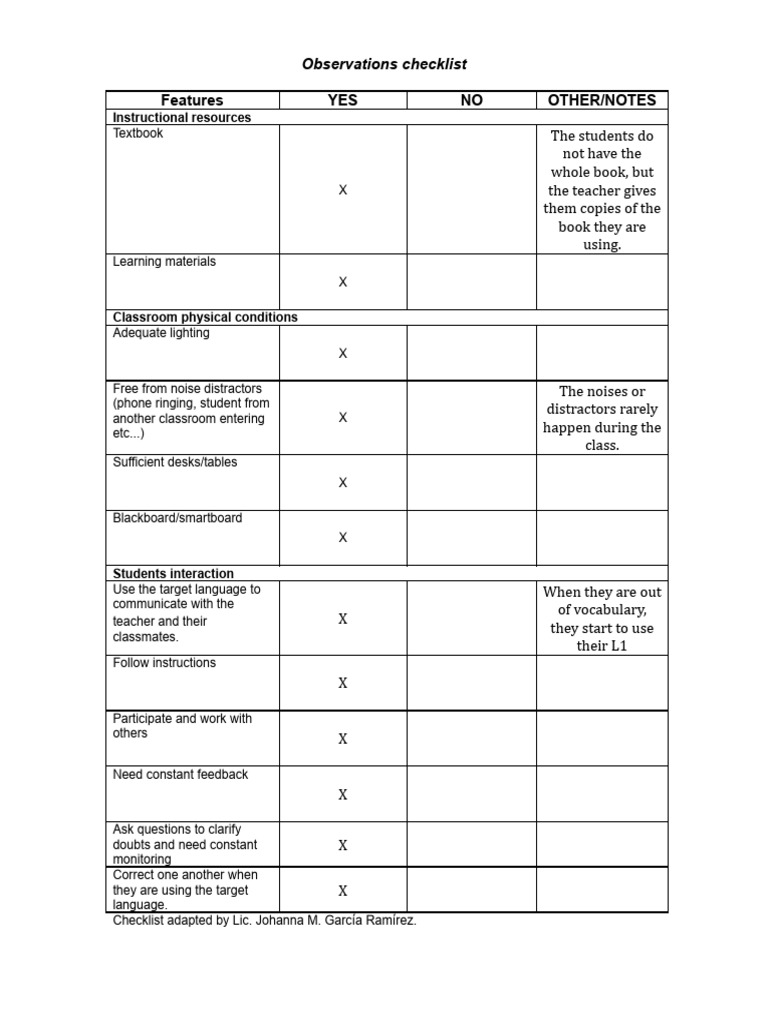 Observations Checklist - 1 | PDF