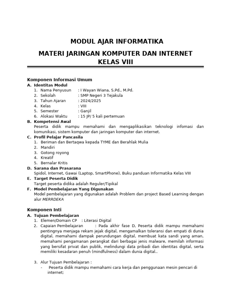 8 Modul Ajar Informatika Materi Literasi Digital Kelas 8 2024-2025 | PDF