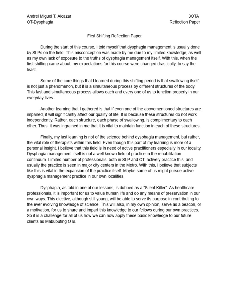 Alcazar - Dysphagia Reflection | PDF