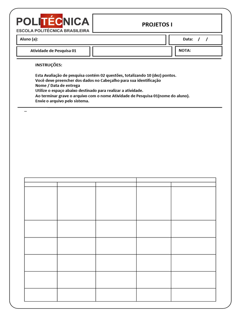 Atividade de Pesquisa 01 - Projetos I 1 | PDF Atividade de Pesquisa 01 - Projetos I 1 | PDF