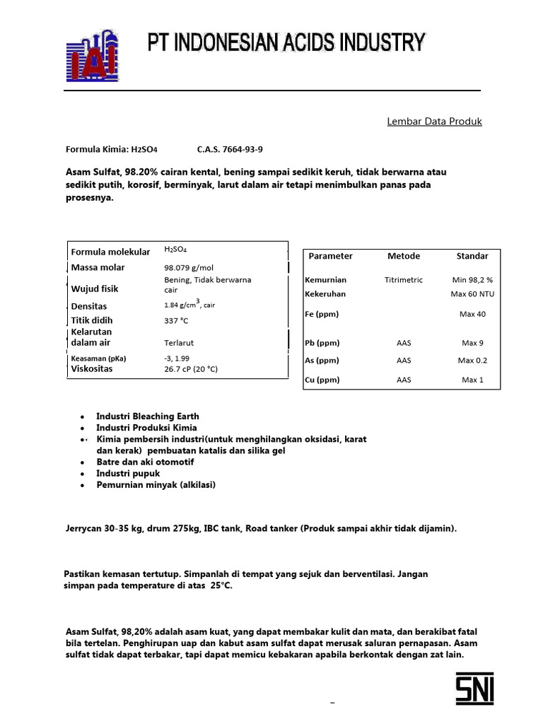 MSDS - Sulfuric Acid Indonesia (H2SO4) | PDF