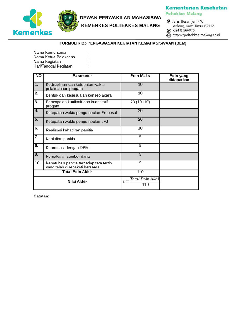 Formulir B3 Pengawasan Kegiatan Kemahasiswaan | PDF