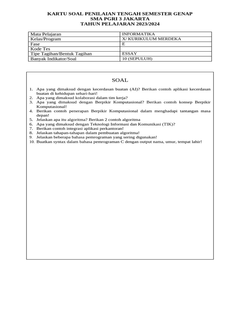Kartu Soal ATS (Word) INFORMATIKA X FASE E | PDF