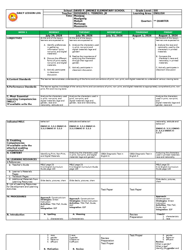 DLL - English 6 - Q1 - WK1 | PDF