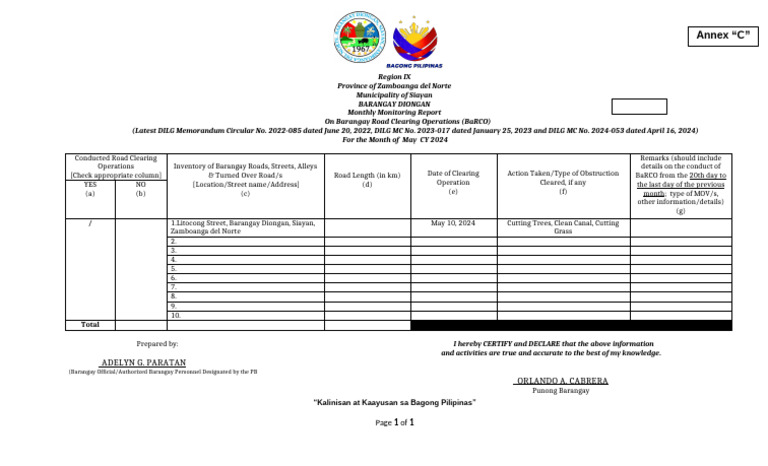 Annex C - Barangay BaRCO Monthly Monitoring Report Template With PBs ...