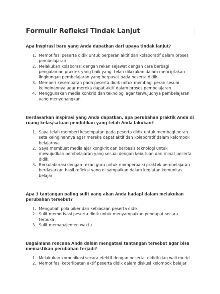 Formulir Refleksi Tindak Lanjut PMM 2024 | PDF