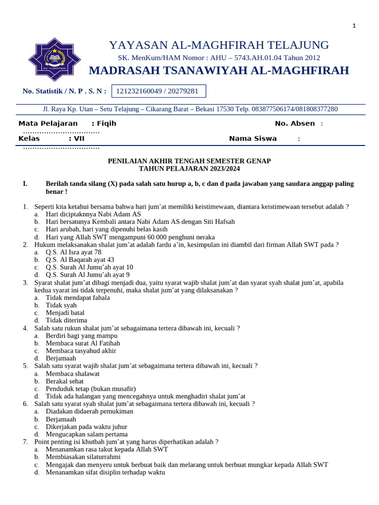 Soal Pts Semester Genap Kelas Vii - 2023-2024 - FQH | PDF