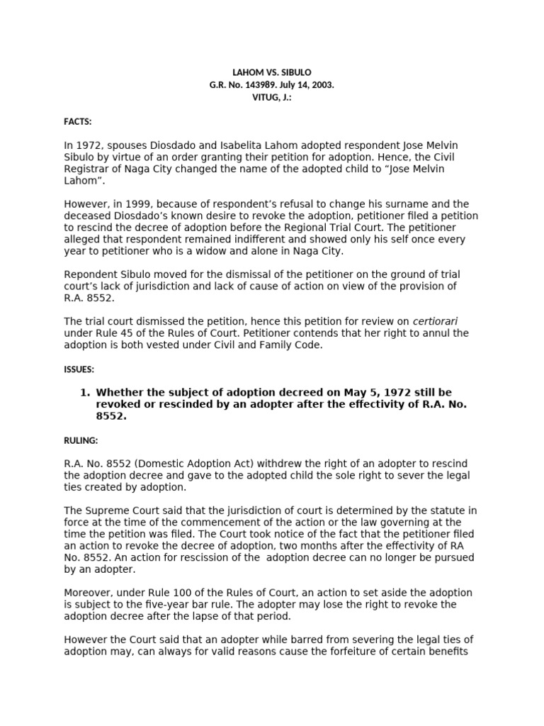 Lahom vs. Sibulo Case Digest | PDF
