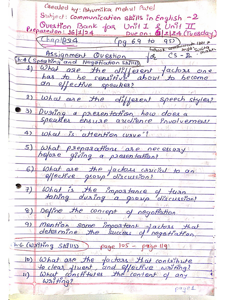 16-01-2024 - Communication Skills in English 2 (Question Bank of Unit 1 and Unit 2) Due On 02-02 ...