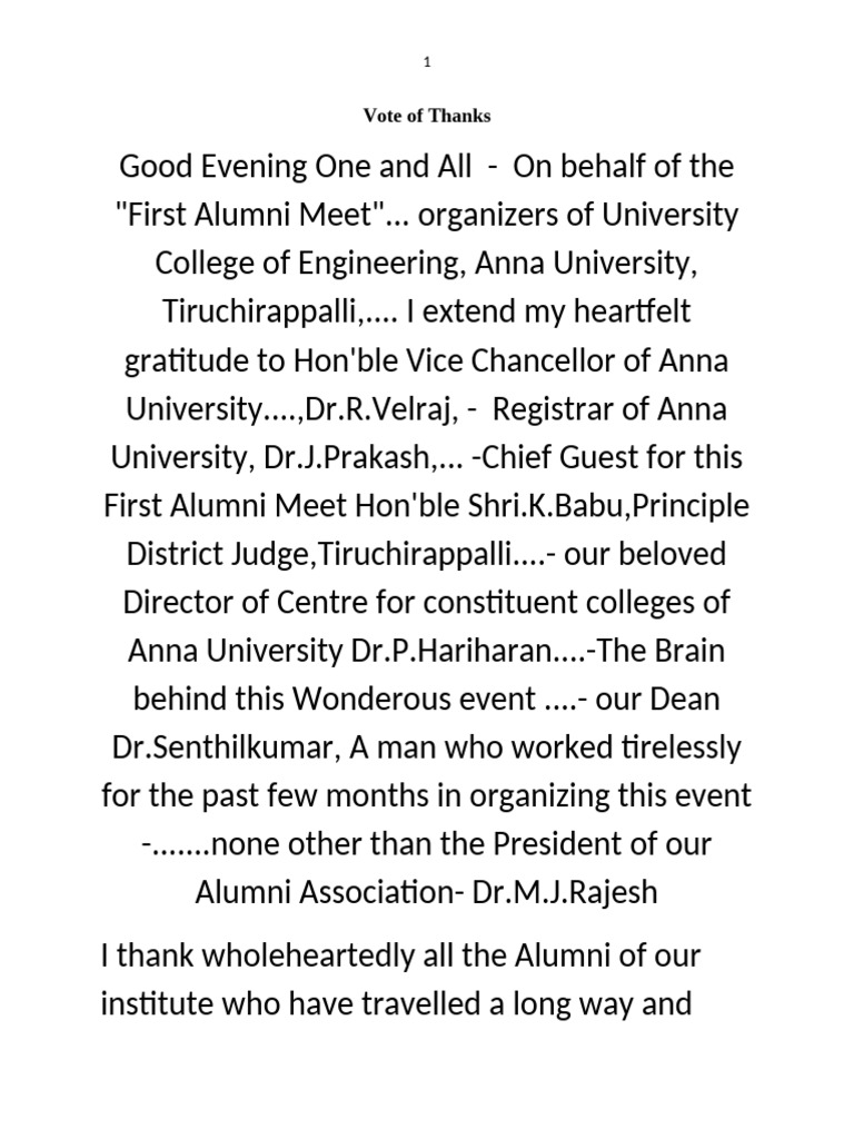 Vote of Thanks - Alumni Meet | PDF