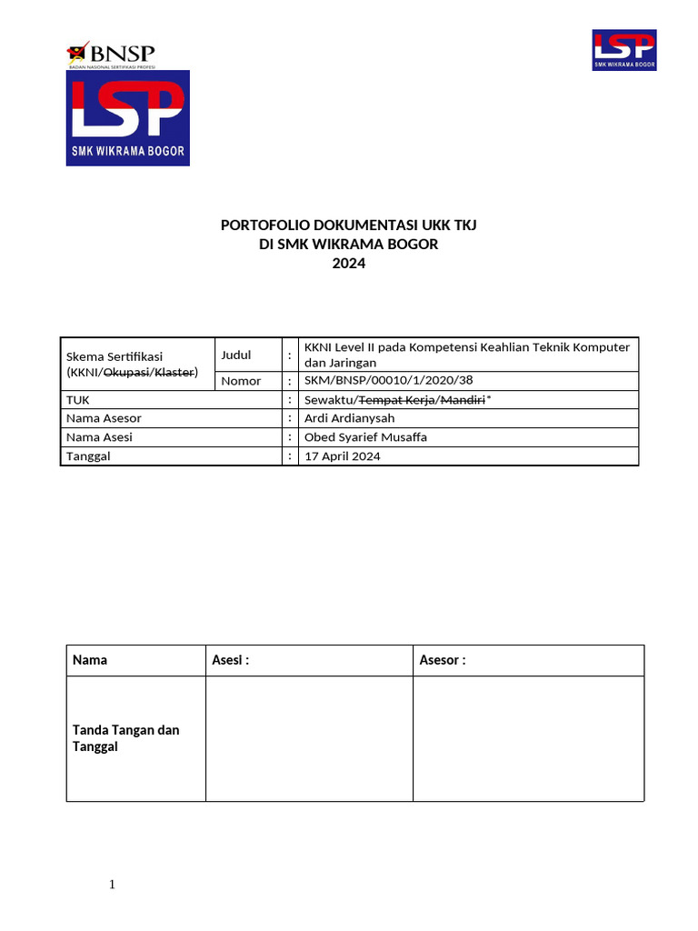 Portofolio Dokumentasi UKK TKJ 2024 - Nama Asesi | PDF