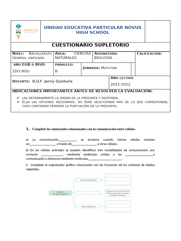 CUESTIONARIO SUPLETORIO BIOLOGIA 2DO B Bgu | PDF