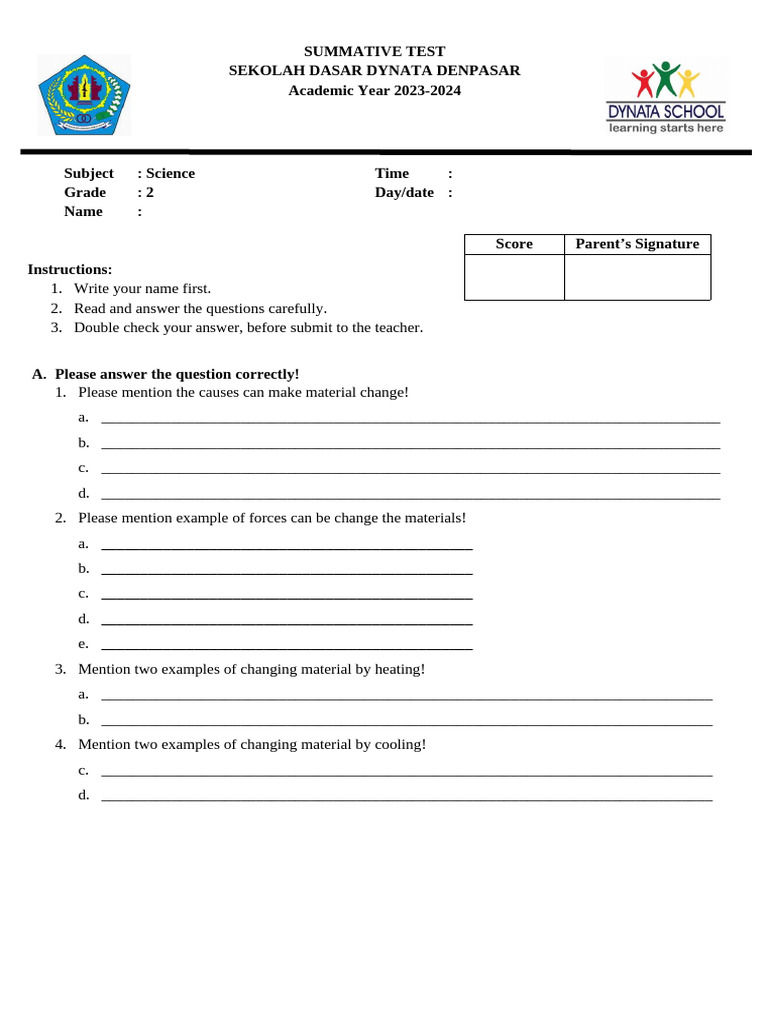 Grade 2 - Science Summative Test | PDF