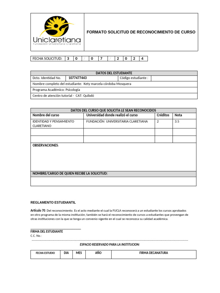 Solicitud Reconocimiento de Curso FUCLA | PDF