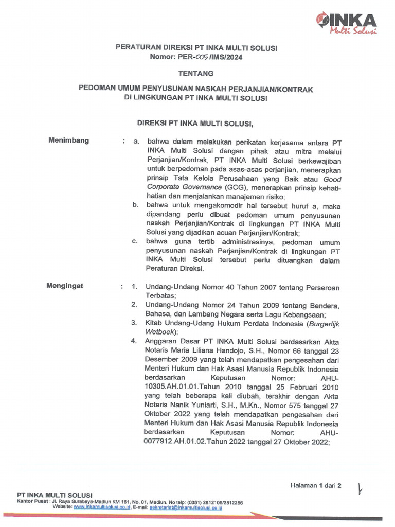 PER-005-IMS-2024 Pedoman Umum Penyusunan Naskah Perjanjian Atau Kontrak Di Lingkungan PT IMS | PDF