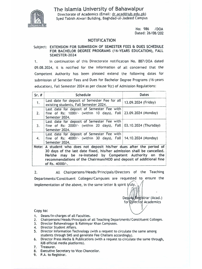 Extension for Submission of Semester Fees & Dues Schedule Fees & Dues Schedule for Bachelor ...