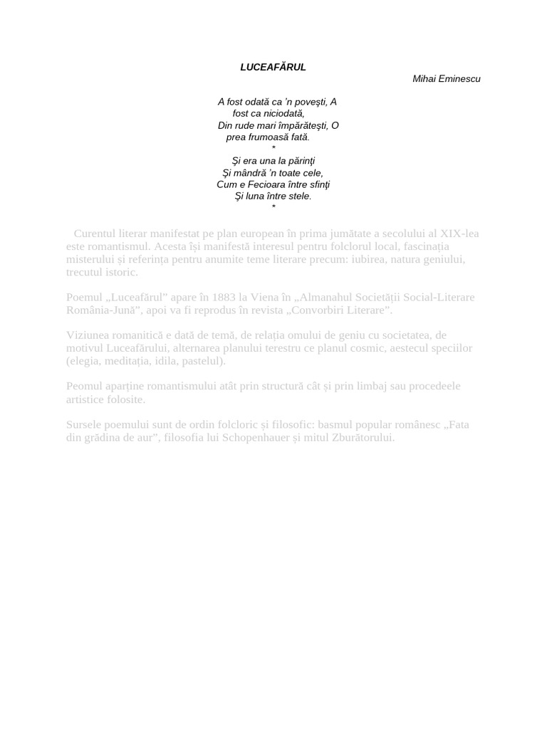 Luceafarul Comentariu Literar | PDF