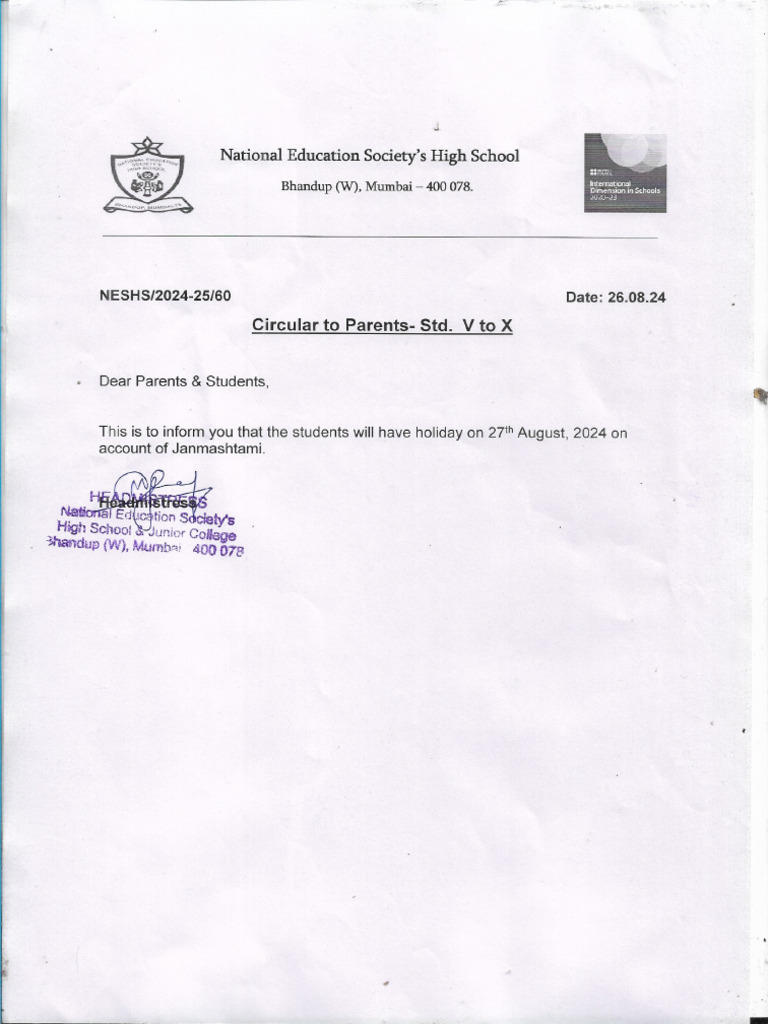 Circular To Parent For Holiday-1 | PDF