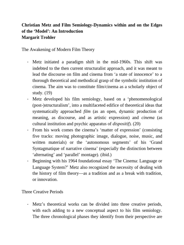 Christian Metz and Film Semiology Notes For C1 | PDF