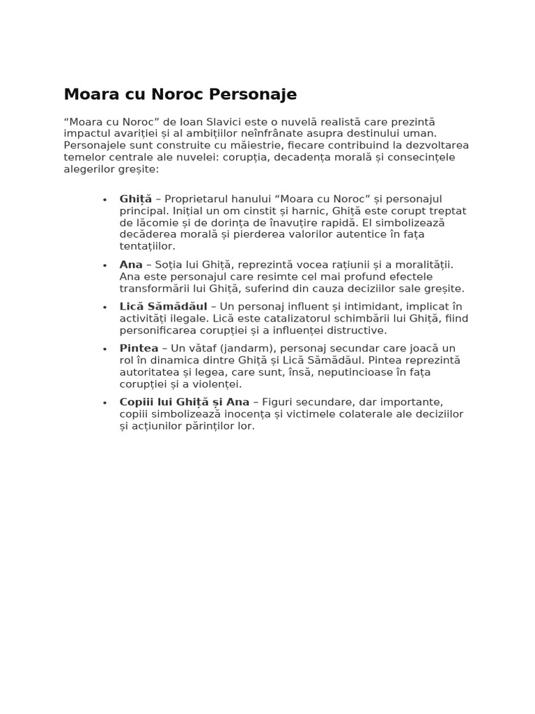 Moara Cu Noroc Personajele | PDF