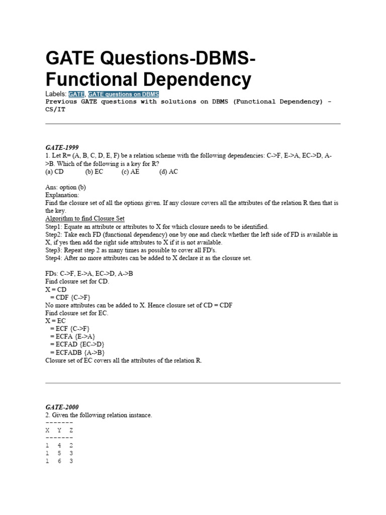 GATE Dbms Functional Dependency | PDF | Information Retrieval | Data Model