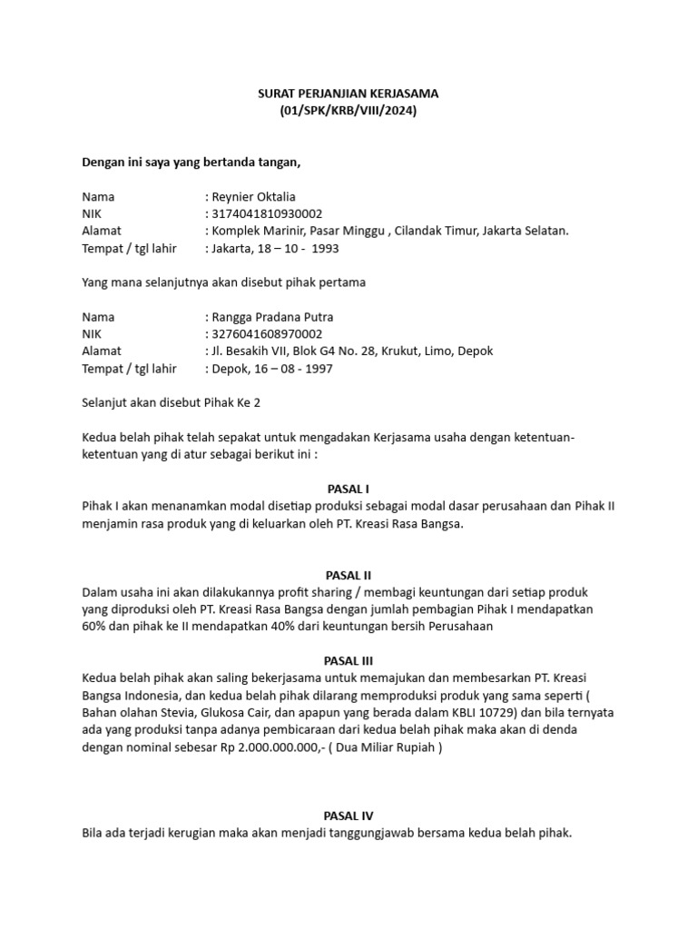 Surat Perjanjian Kerjasama | PDF