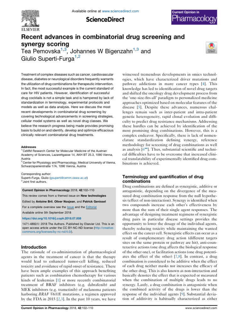Recent Advances In Combinatorial Drug Screening 2018 Current