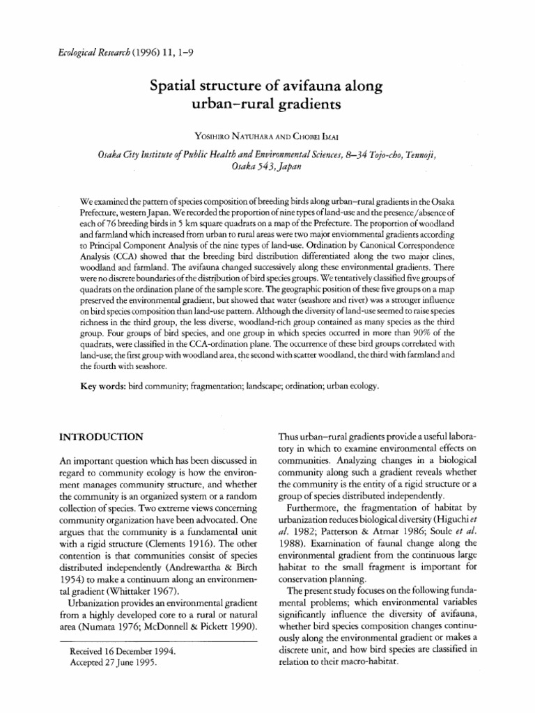 Spatial Structure of Avifauna Along Urban-Rural Gradients | PDF