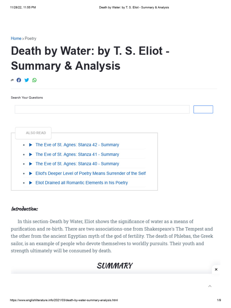 Death by Water - by T. S. Eliot - Summary & Analysis | PDF