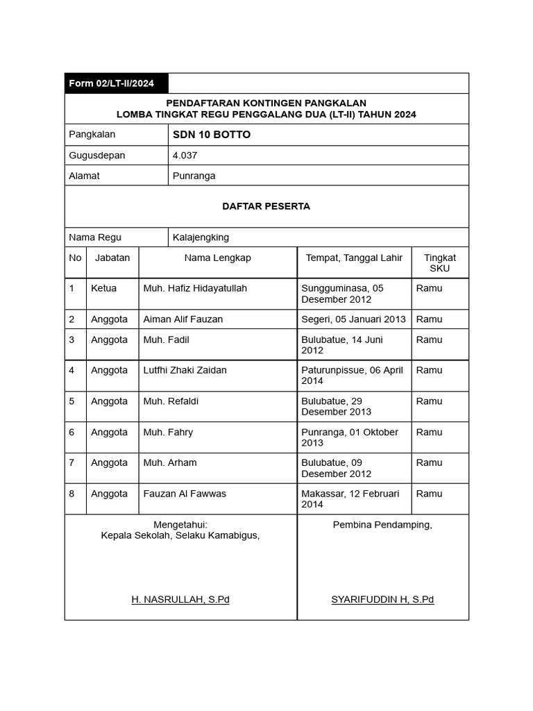 Formulir Pendaftaran LT II 2024 SDN 10 BOTTO | PDF