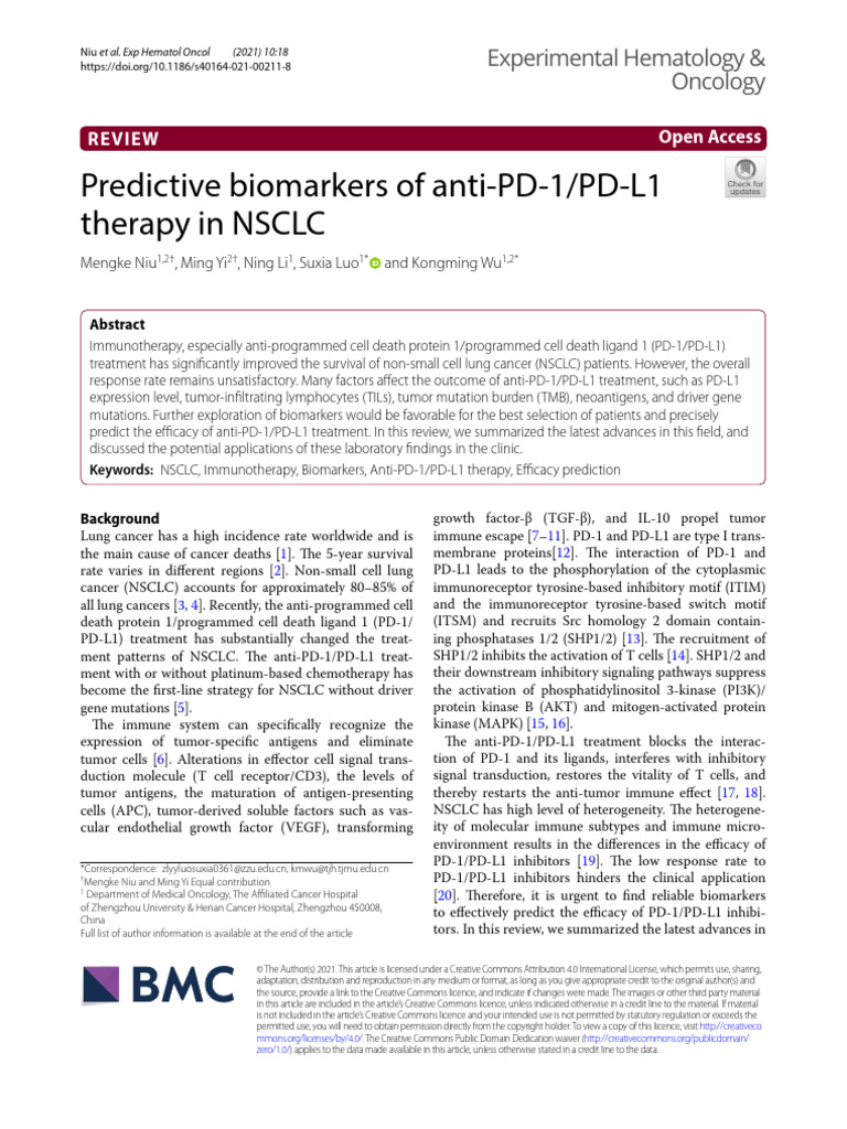 Predictive Biomarkers of anti-PD-1/PD-L1 Therapy in NSCLC: Experimental Hematology & Oncology | PDF