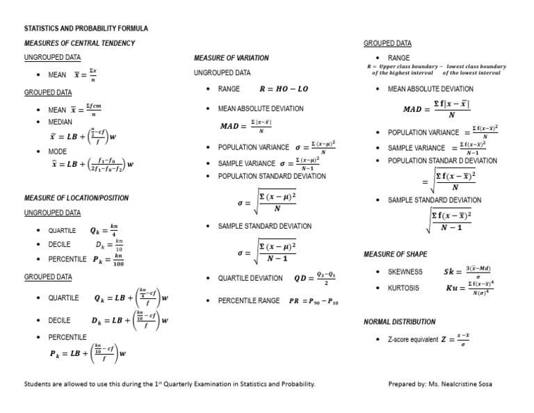 Statistics and Probability Formula | PDF