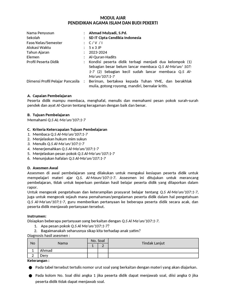 MODUL AJAR FASE KELAS 5 SMT 1 Qurdis | PDF