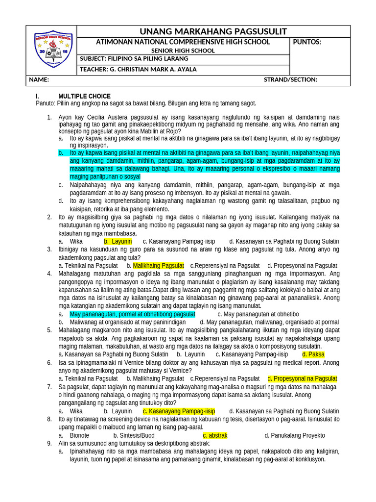 FILIPINO PILING LARANG 1st QUARTER Answer Key | PDF