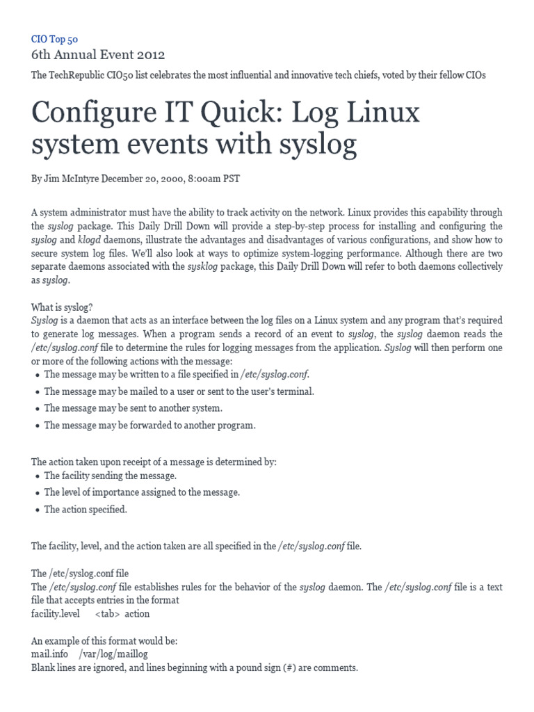 Configure IT Quick - Log Linux System Events With Syslog - TechRepublic | PDF
