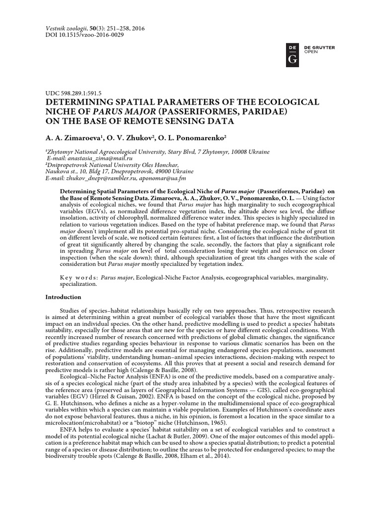 Determining Spatial Parameters of The Ecological Niche of Parus Major (Passeriformes, Paridae ...