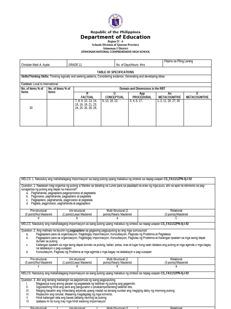 Piling Larang Tos Q2 | PDF
