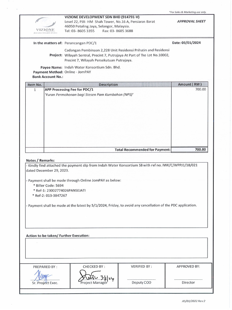 Approval Sheet IWK PDC1 - Application Fee | PDF