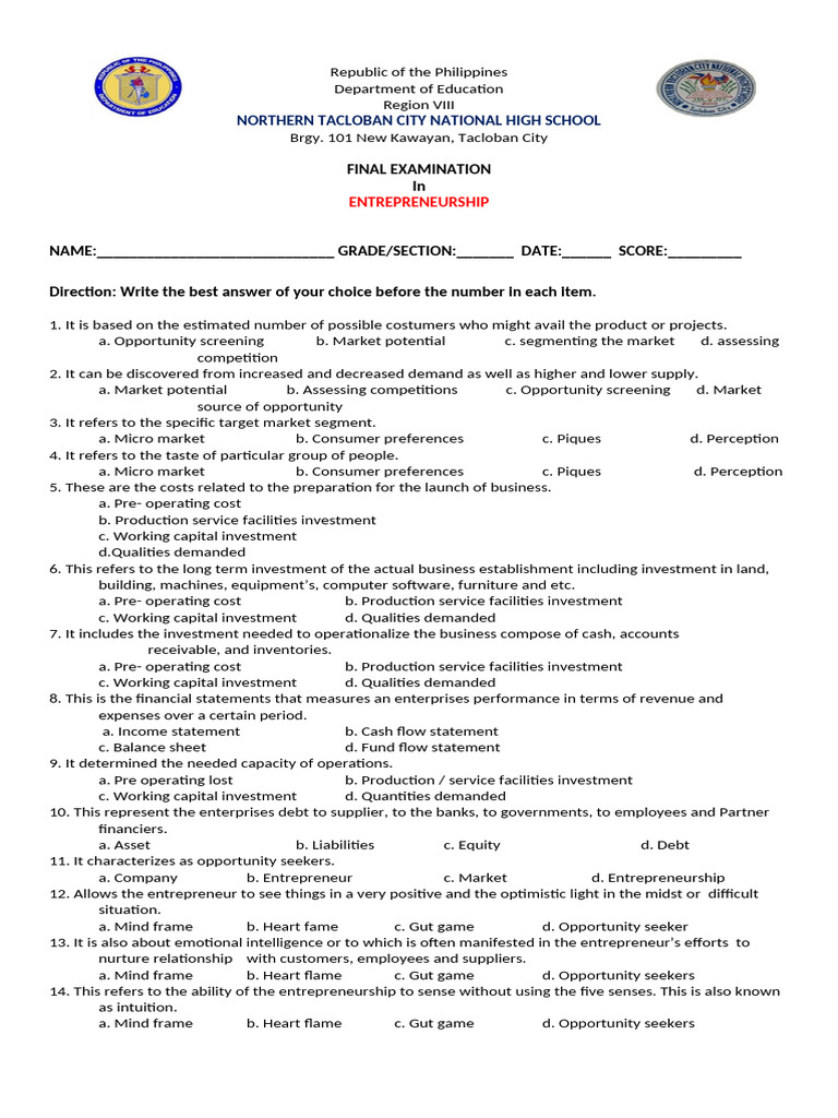 Exam Final Entrep 3-6-18 | PDF