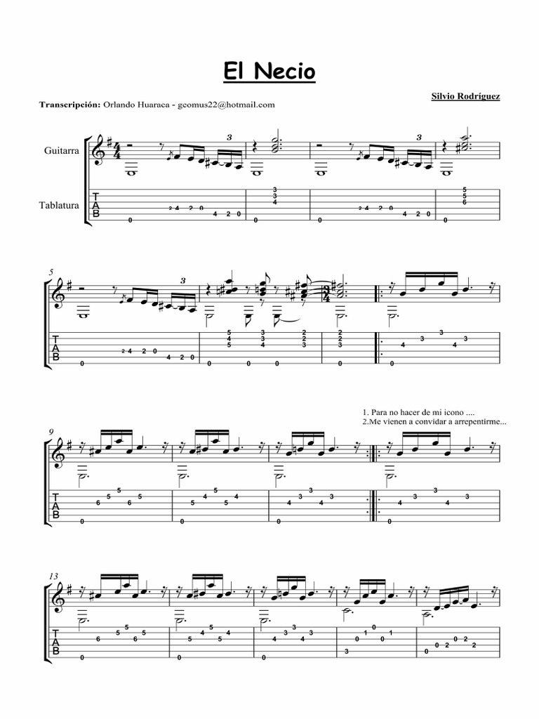 El Necio Silvio Rodriguez Guitarra Transcripcion Orlando Huaraca ...