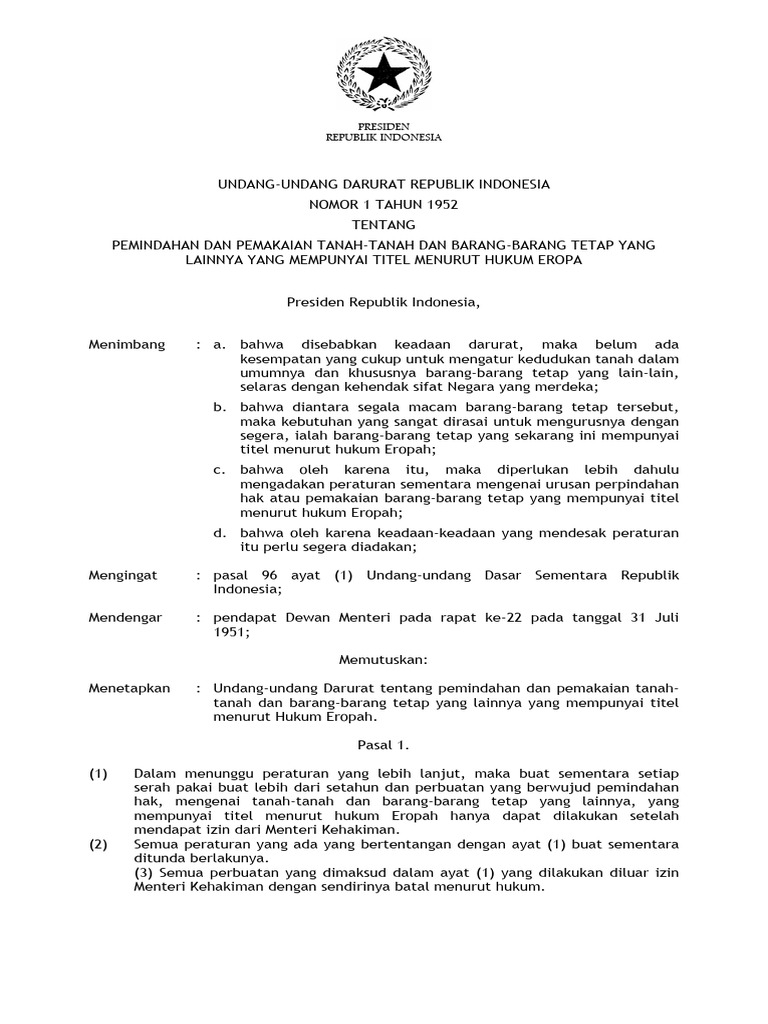 UU Darurat Nomor 1 Tahun 1952 | PDF
