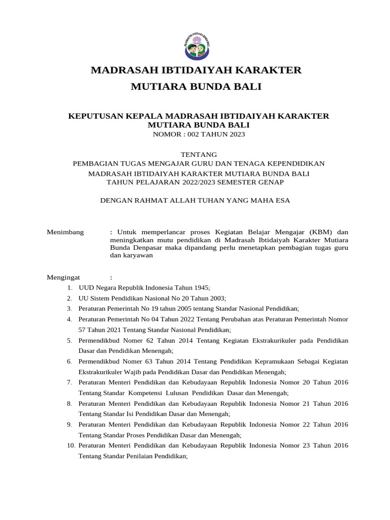 SK Pembagian Tugas Guru 2022-2023 Genap | PDF