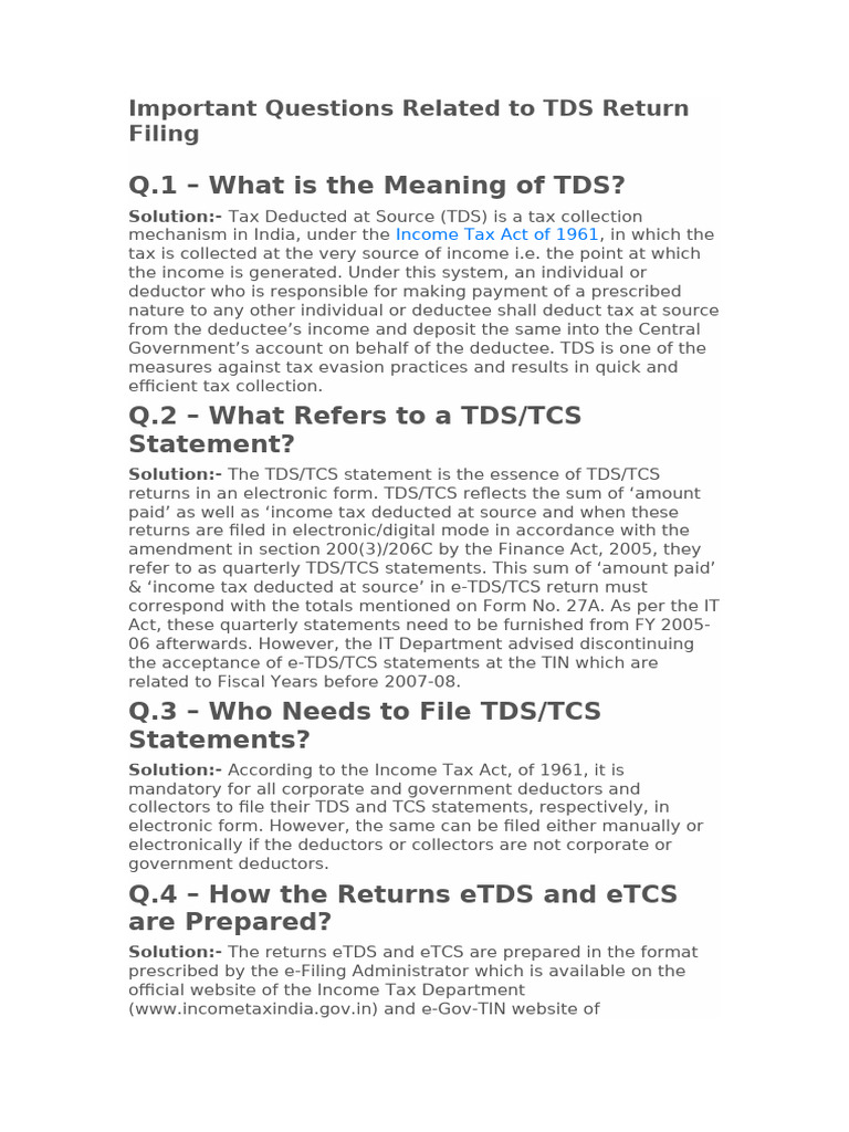 Q.1 - What Is The Meaning of TDS?: Important Questions Related To TDS ...