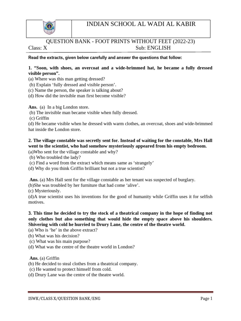 9728134-Footprints Without Feet - Question Bank | PDF