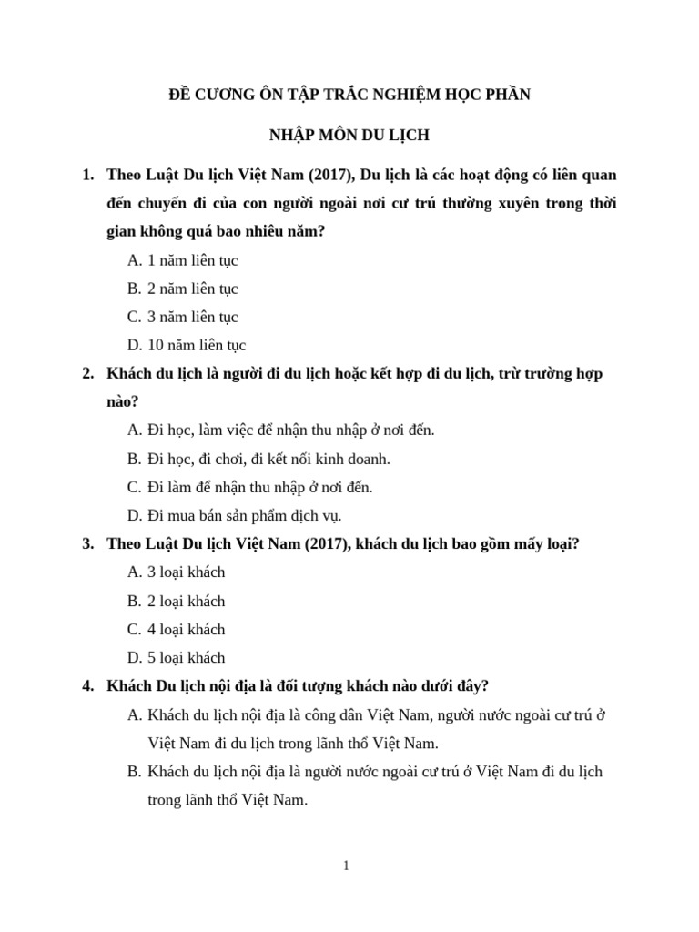 De Cuong On Tap Nhap Mon Du Lich 2024 | PDF