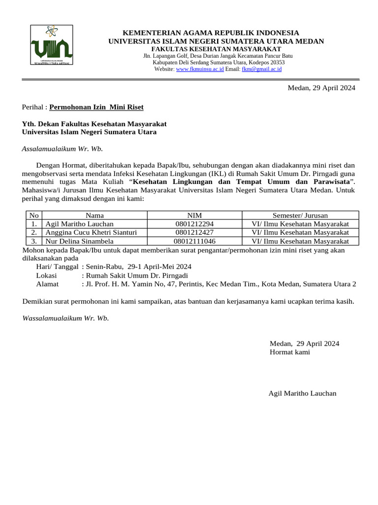 SURAT IZIN MINI RISET Rumah Sakit Umum Dr. Pirngadi. | PDF