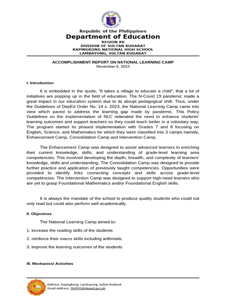 NLC Accomplishment Report | PDF