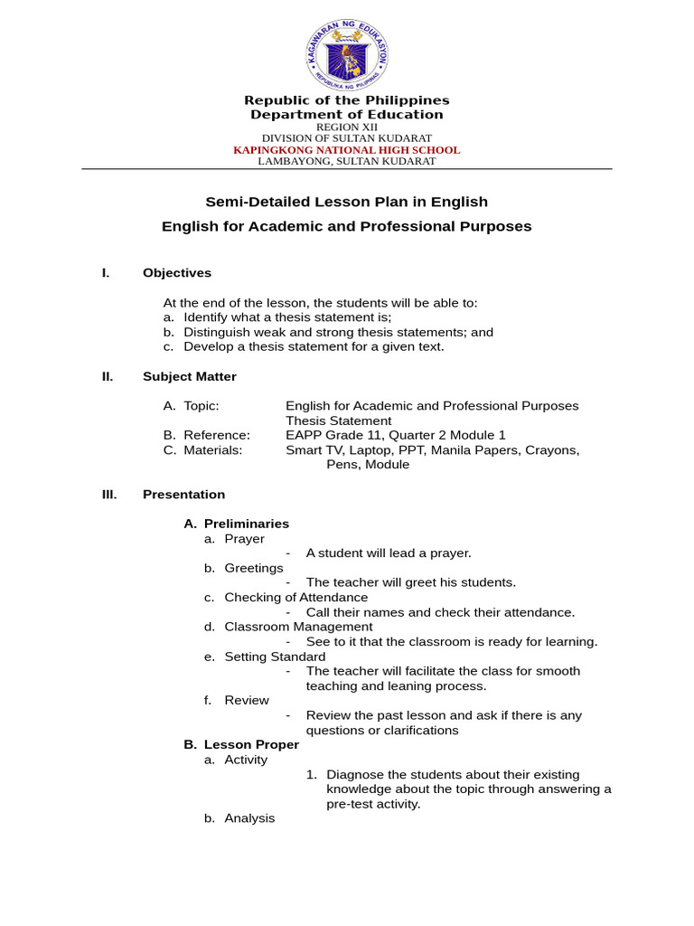 Lesson Plan in EAPP (COT 1) | PDF