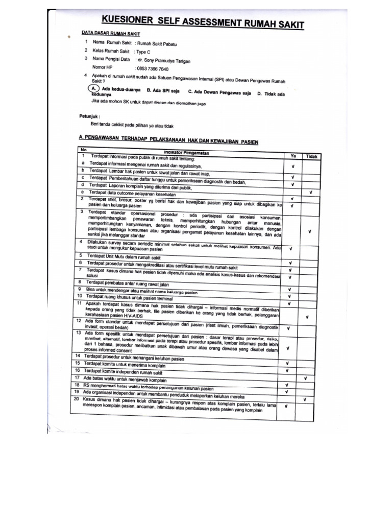 Kuesioner Self Assesment Rumah Sakit Pabatu | PDF